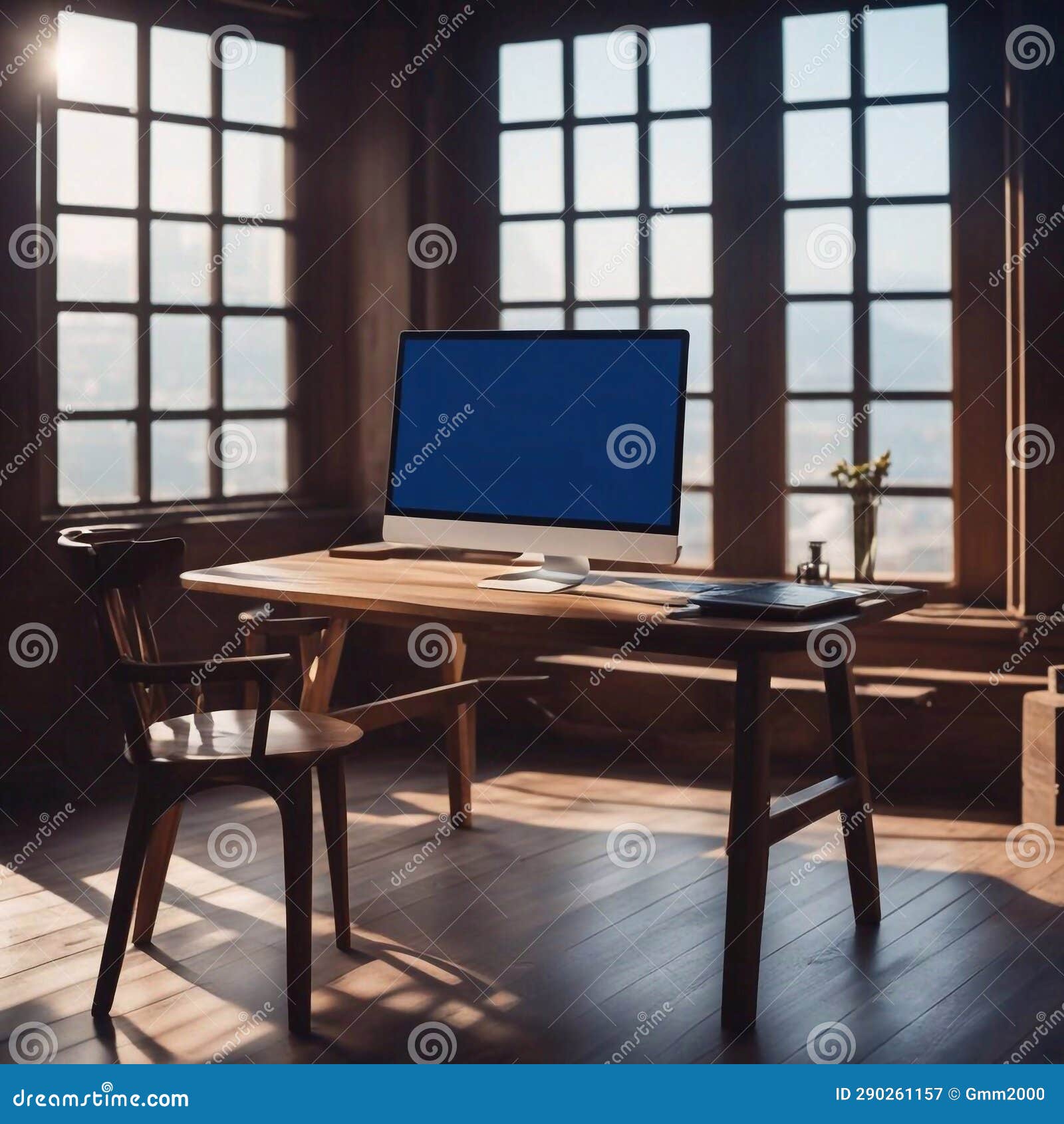 Desktop Computer Blue Screen in Luxury Vintage Large Empty Room ...