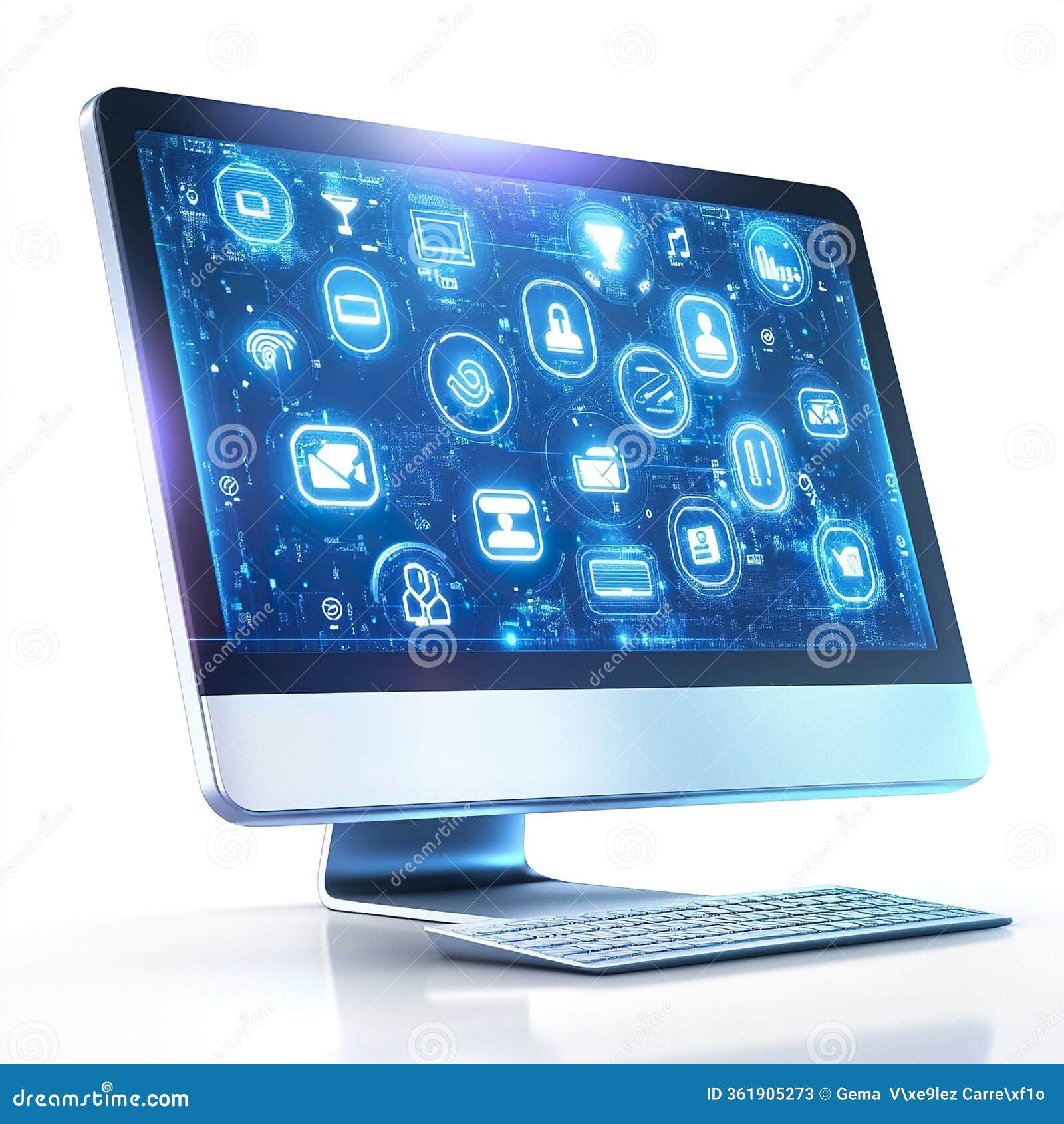 Desktop Computer with Blue Screen and White Holographic Icons Stock ...
