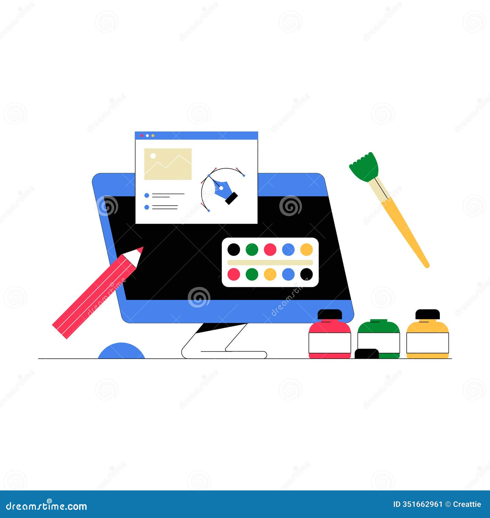 Desktop with Color Palette and Art Tools in Flat Vector Illustration ...