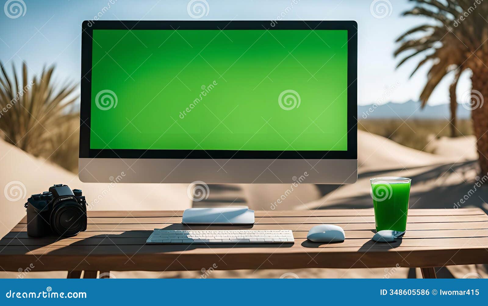 Desktop Computer in the Desert with a Green Screen, Camera, and a Drink ...