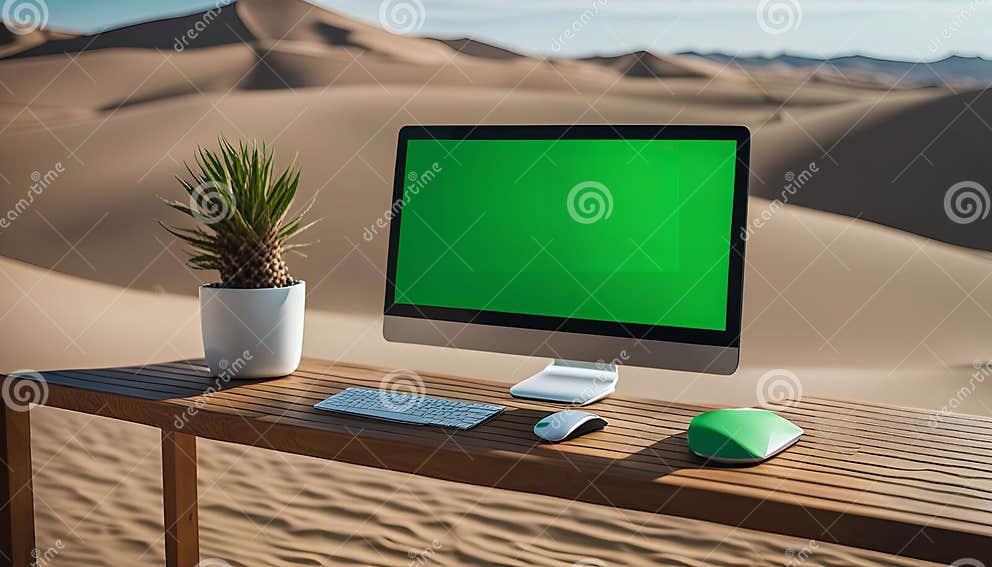 Desktop Computer in the Desert Stock Illustration - Illustration of ...