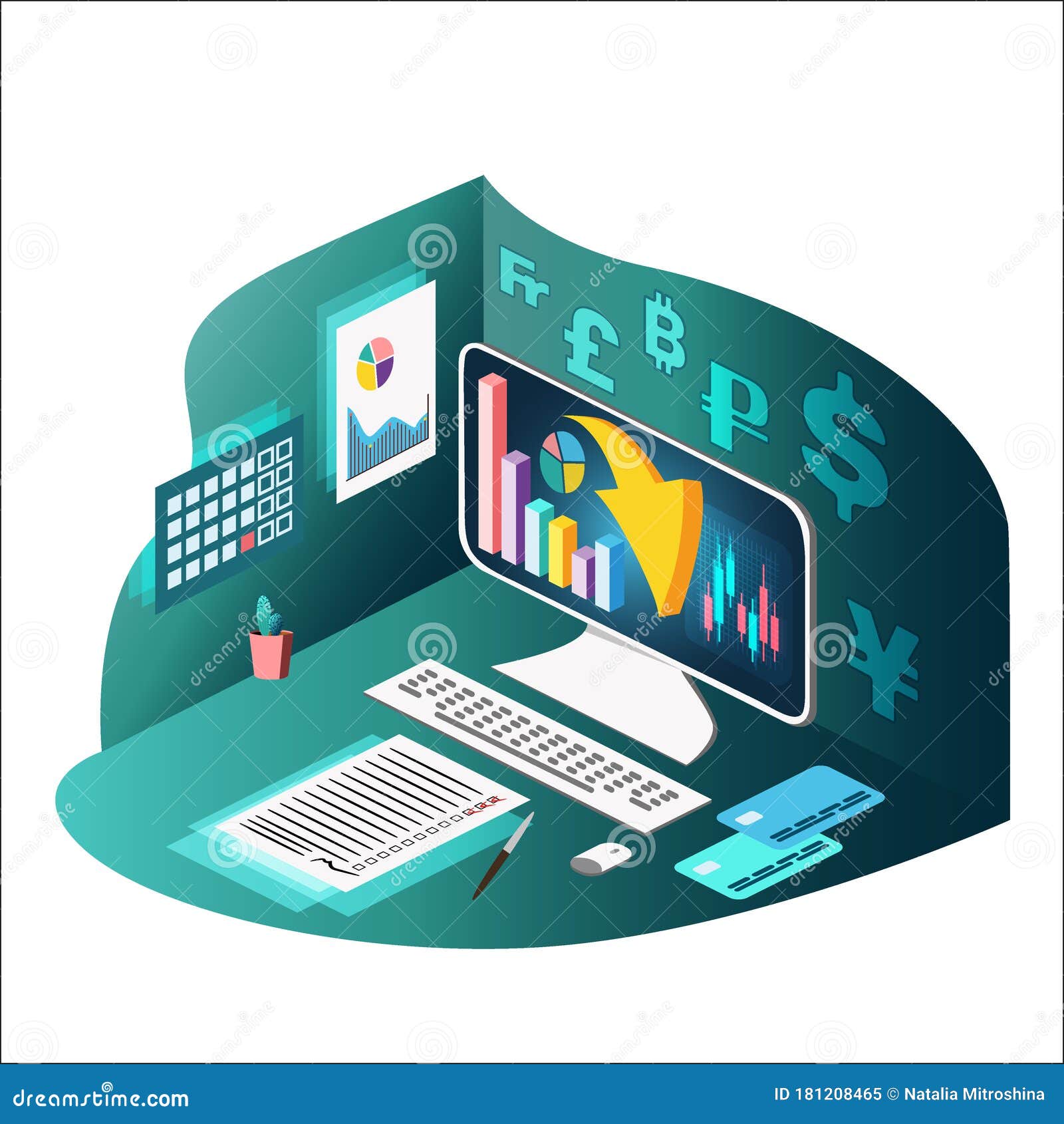 Desktop Computer, Drop Graph on Screen, Checklist. Isometric Style ...