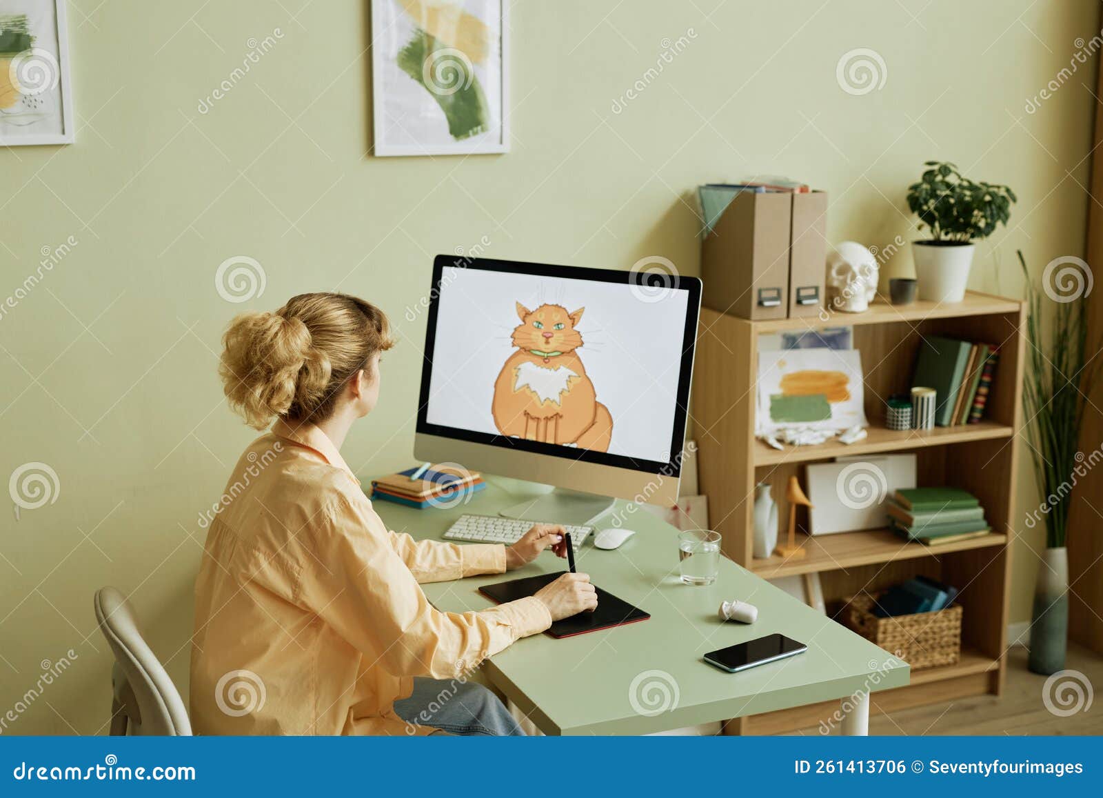 Desktop Computer with Fat Ginger Cat Drawn by Girl on Screen Stock ...
