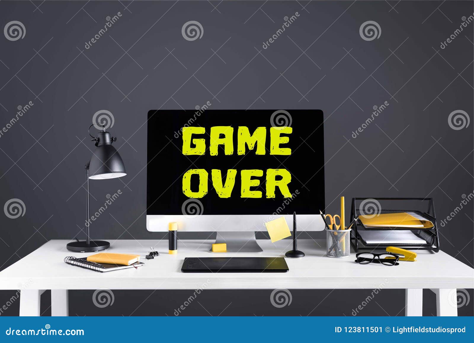 Desktop Computer with Game Over Inscription on Screen, Graphics Tablet ...