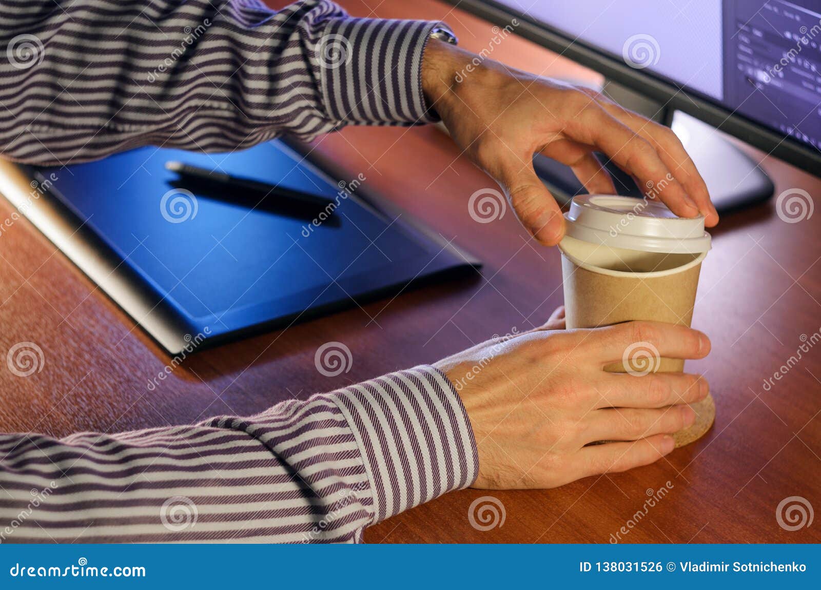 Desktop with Computer, Graphics Tablet and a Cup of Coffee Stock Photo ...