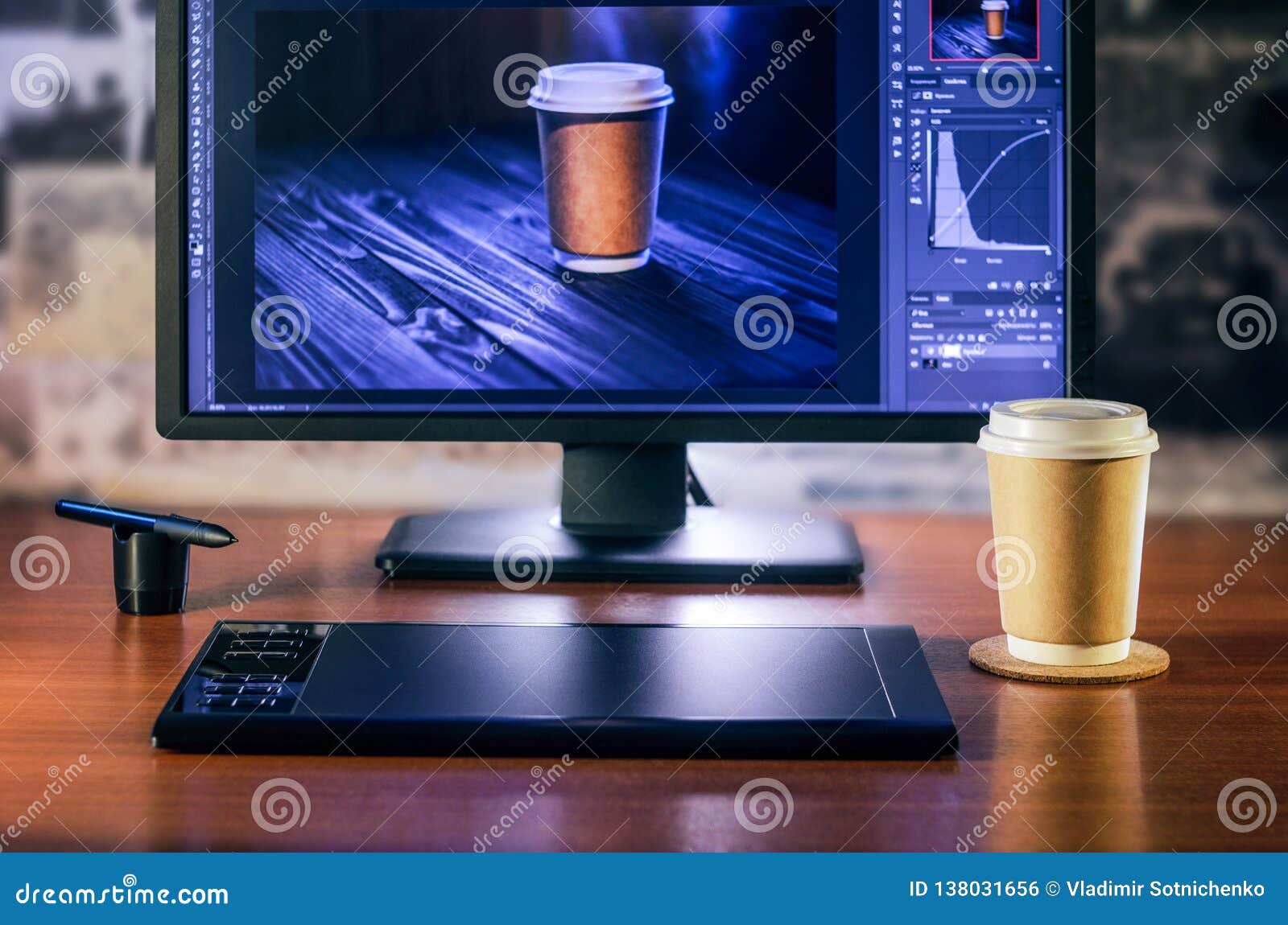 Desktop with Computer, Graphics Tablet and a Cup of Coffee Stock Photo ...