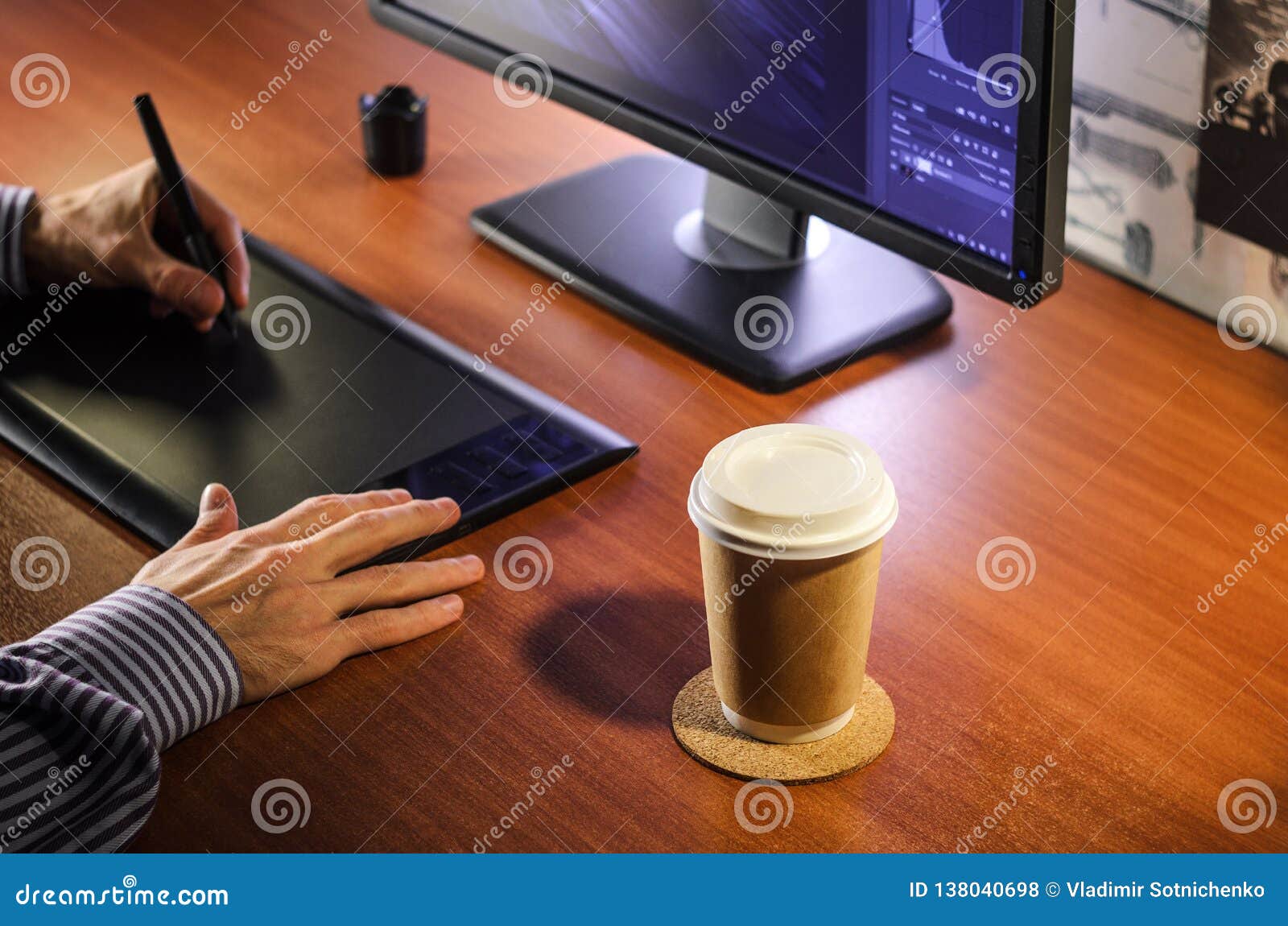 Desktop with Computer, Graphics Tablet and a Cup of Coffee Stock Photo ...