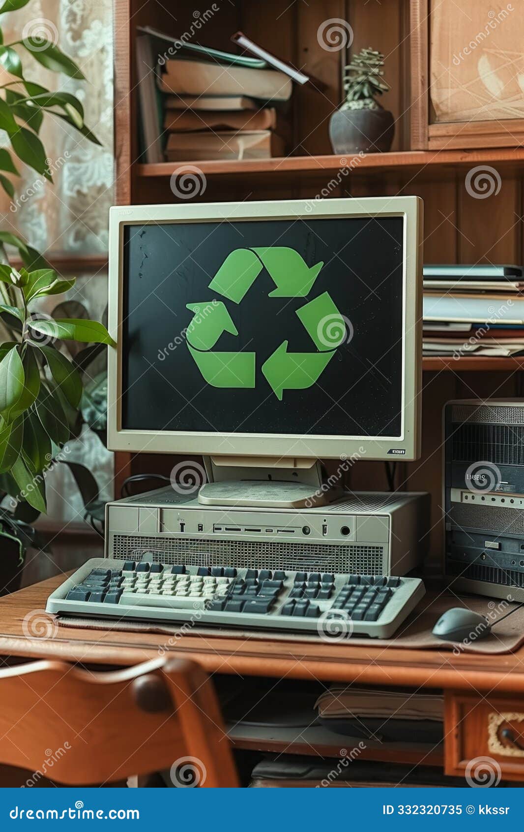 Desktop Computer with Green Recycle Symbol Emphasizes Importance of ...