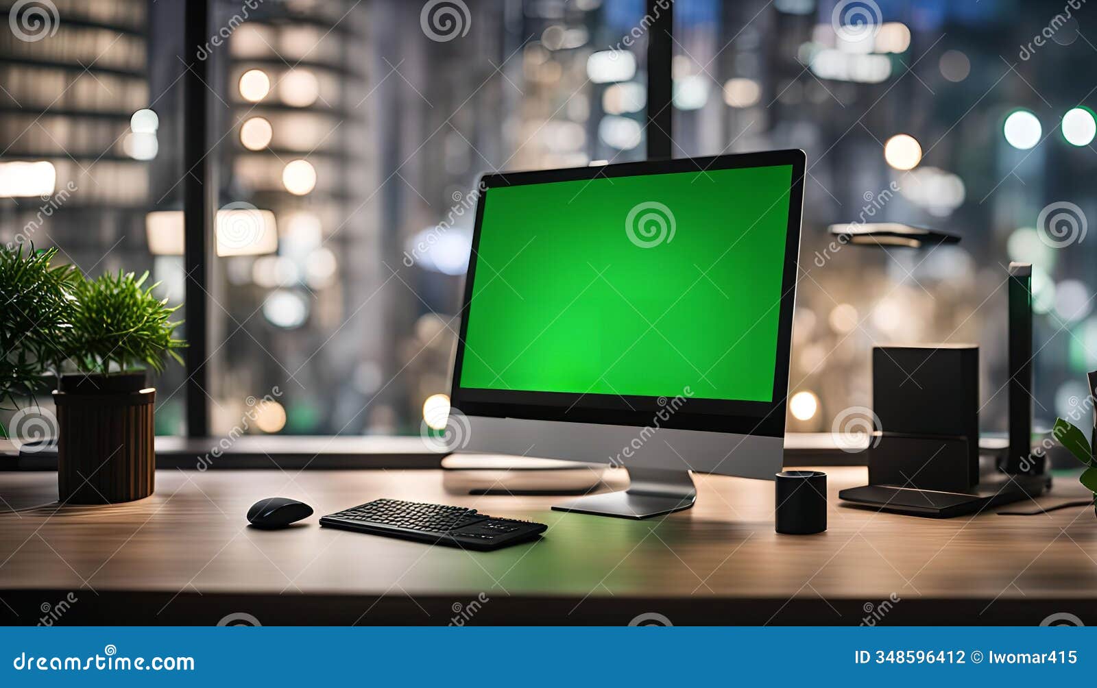 Desktop Computer with Green Screen at Night Stock Illustration ...