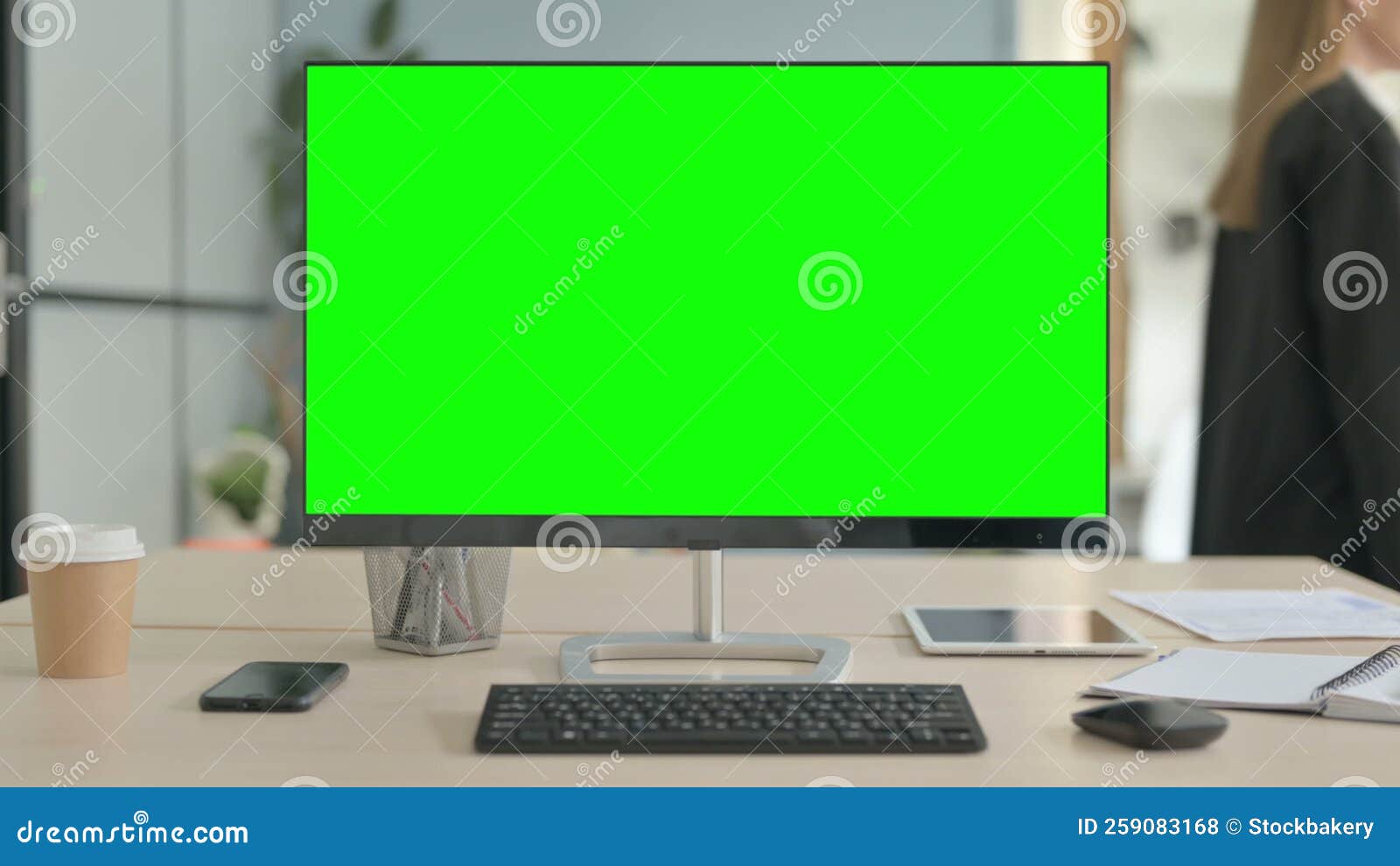 Desktop Computer with Green Screen in Office, Zoom in Stock Footage ...