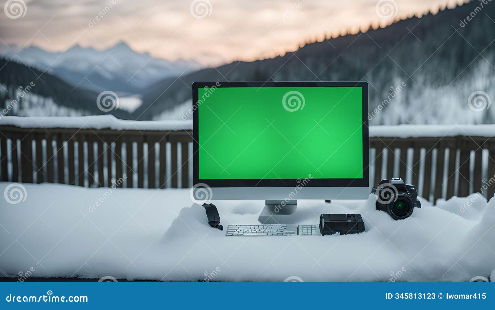 Desktop Computer with Green Screen in Snowy Mountains Stock ...
