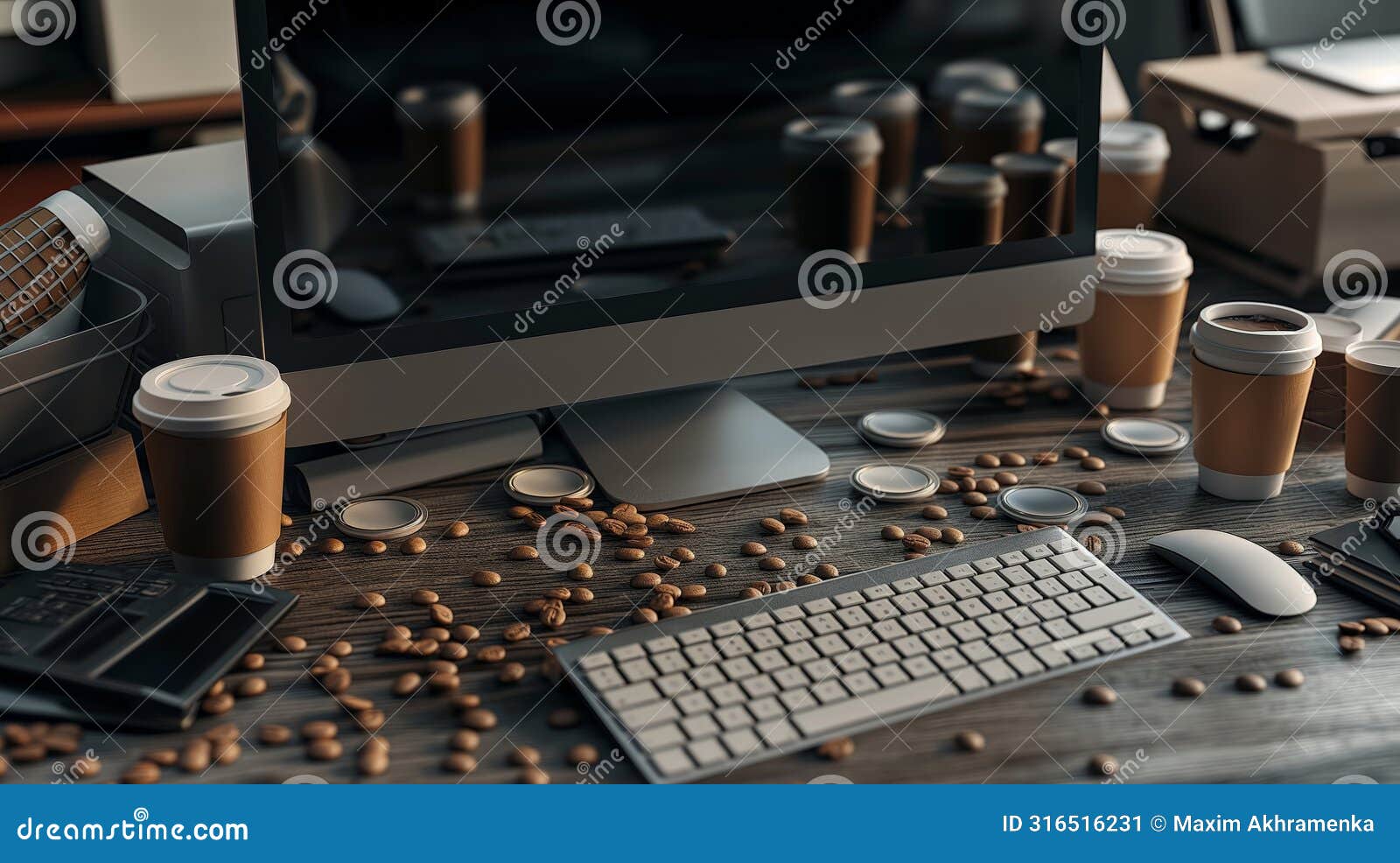 The Desktop with a Computer Keyboard is Covered with Cups of Coffee ...