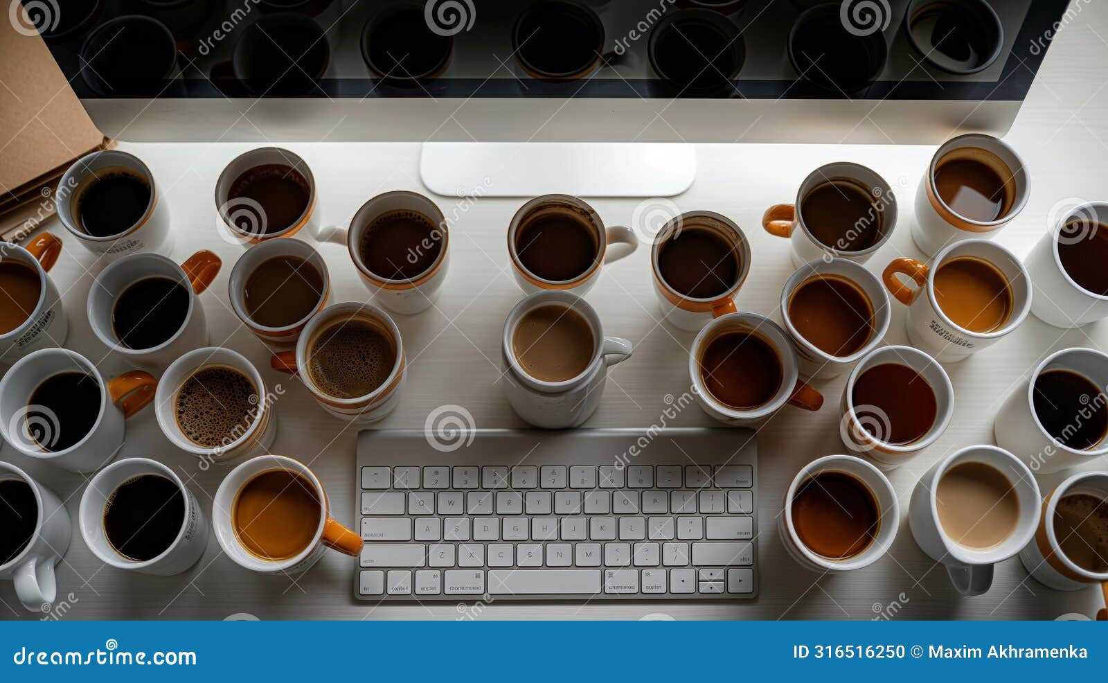 The Desktop with a Computer Keyboard is Covered with Cups of Coffee ...