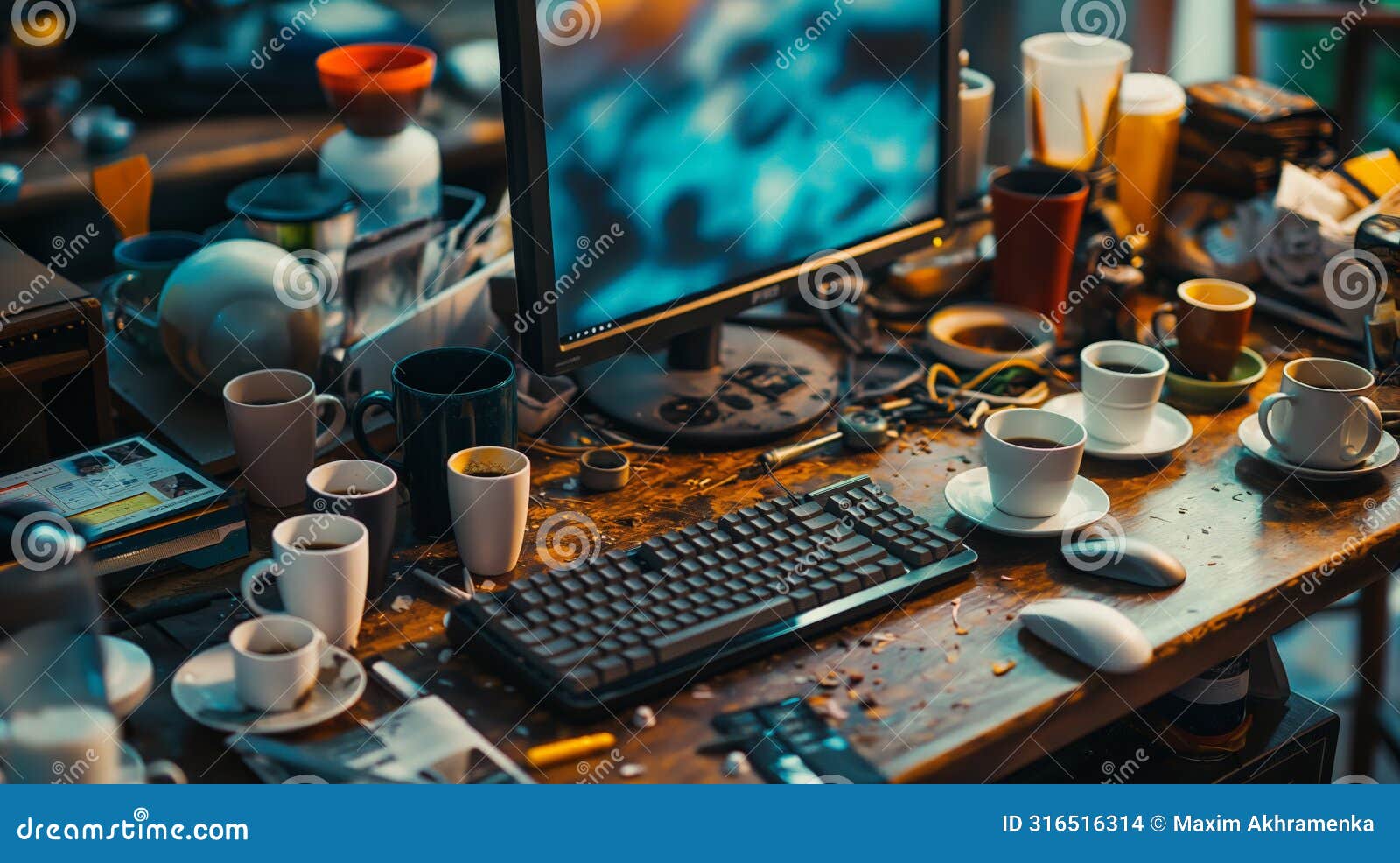 The Desktop with a Computer Keyboard is Covered with Cups of Coffee ...