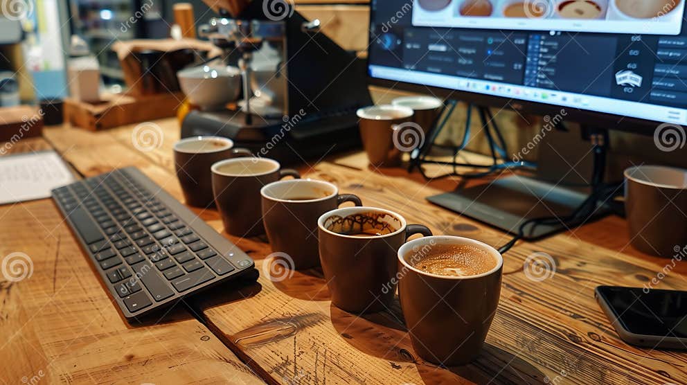 The Desktop with a Computer Keyboard is Covered with Cups of Coffee ...