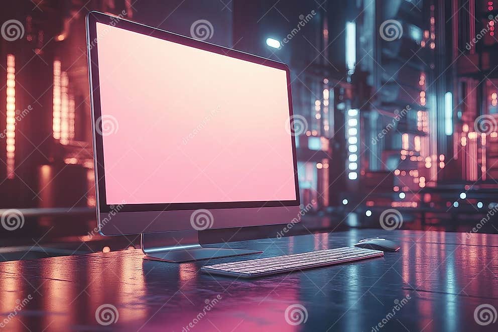 Desktop Computer With Keyboard And Mouse In A Futuristic Setting Stock Illustration