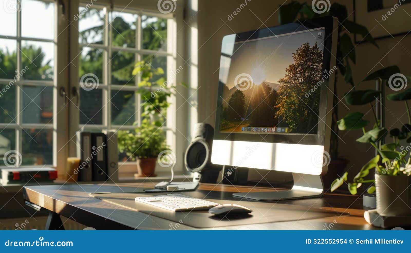 Desktop Computer, Keyboard, Mouse and Green Indoor Plants in a Modern ...
