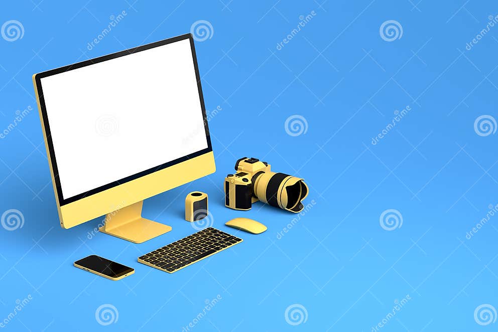 Desktop Computer with Keyboard, Mouse, Phone and DSLR Camera on Blue ...