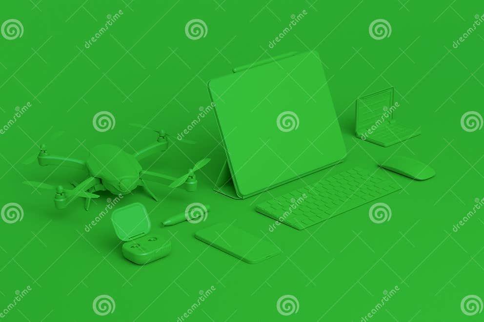 Desktop Computer with Keyboard, Tablet, Drone and DSLR Camera on ...