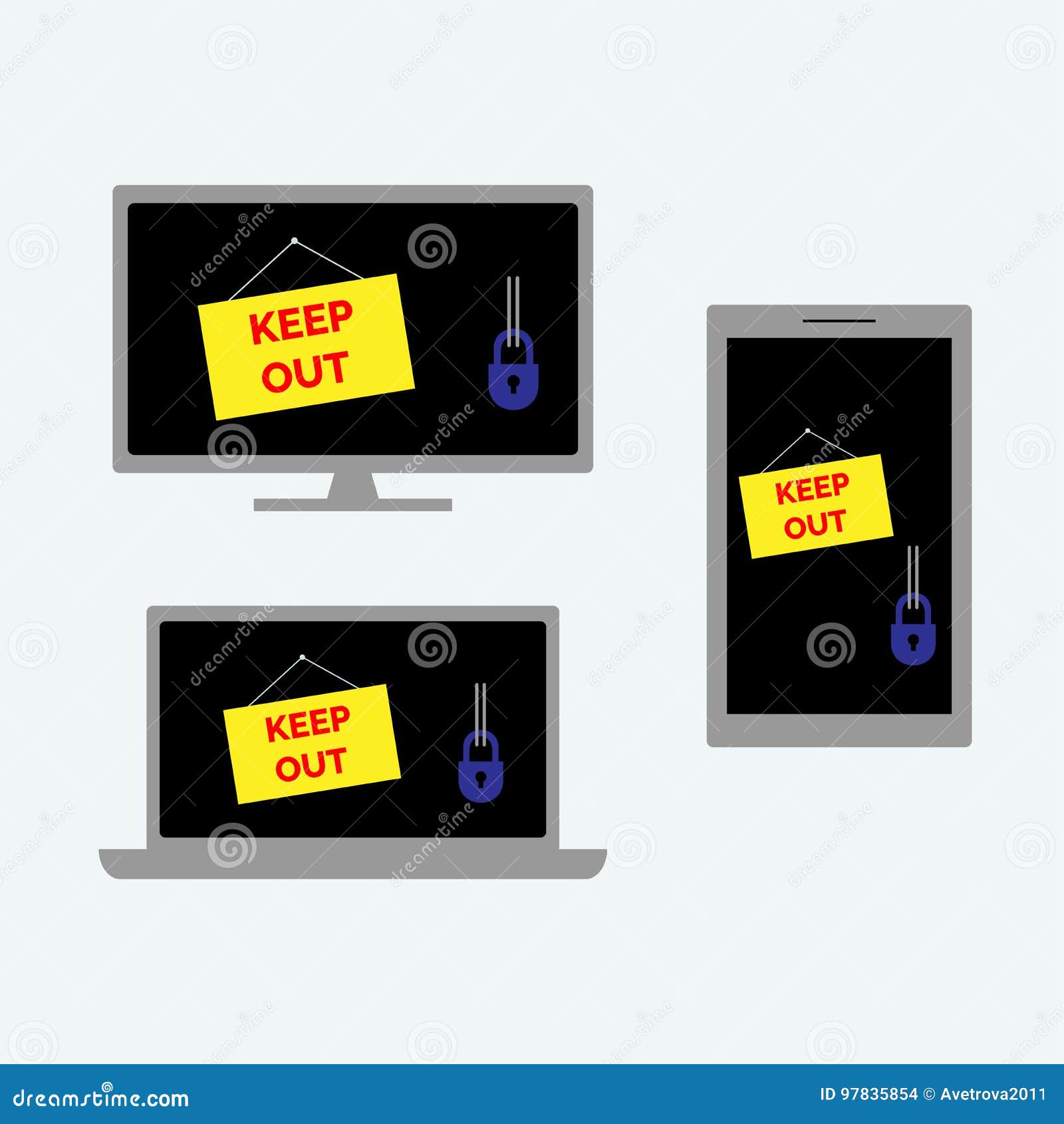 Desktop Computer, Laptop and Tablet with Locks and Signs Saying Keep ...