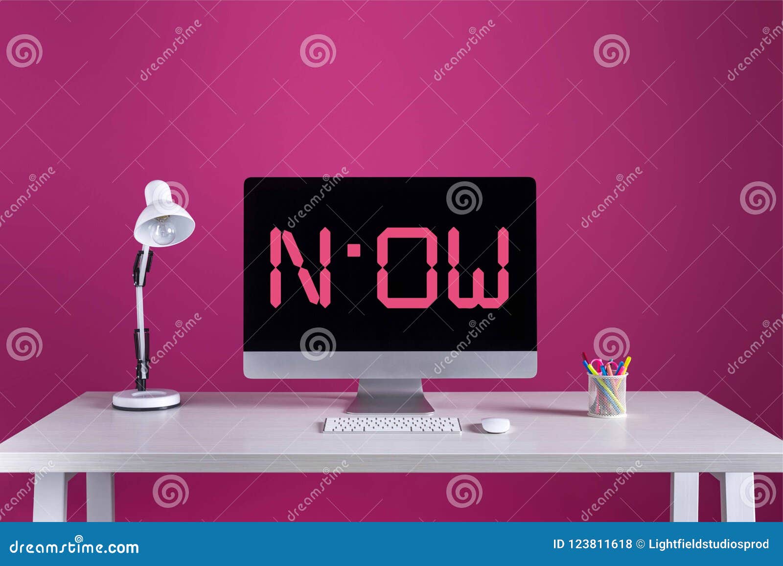 Desktop Computer with Now Inscription on Screen, Keyboard, Computer ...