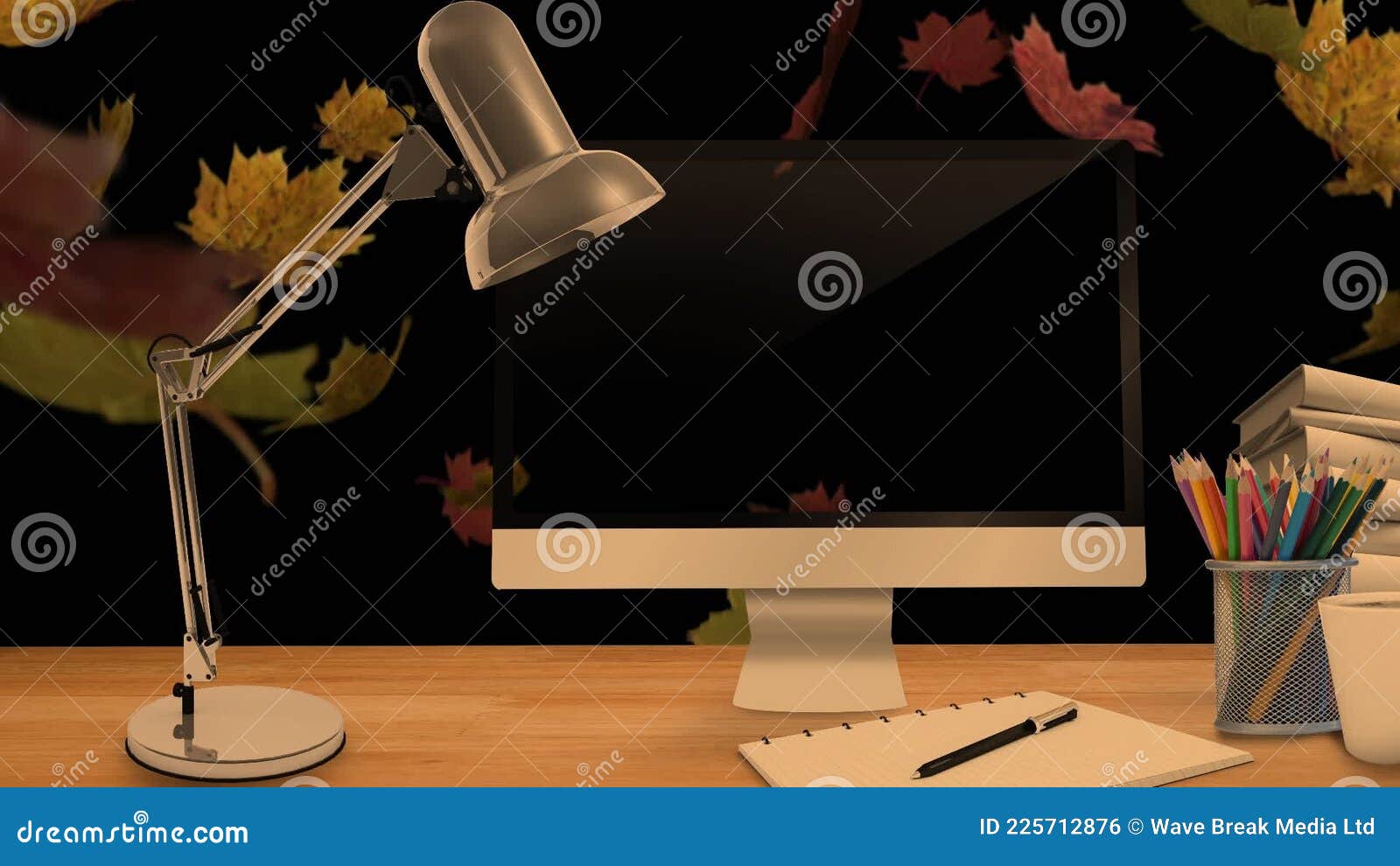 Desktop Computer and Office Equipment on a Table Against Autumn Maples ...