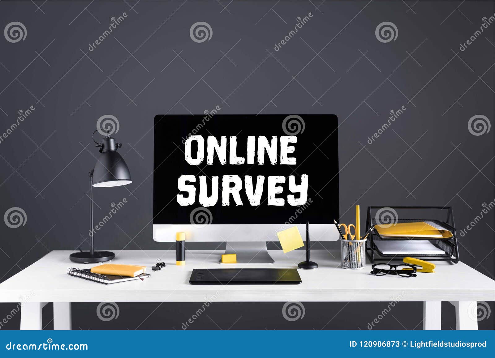 Desktop Computer with Online Survey Inscription on Screen, Graphics ...