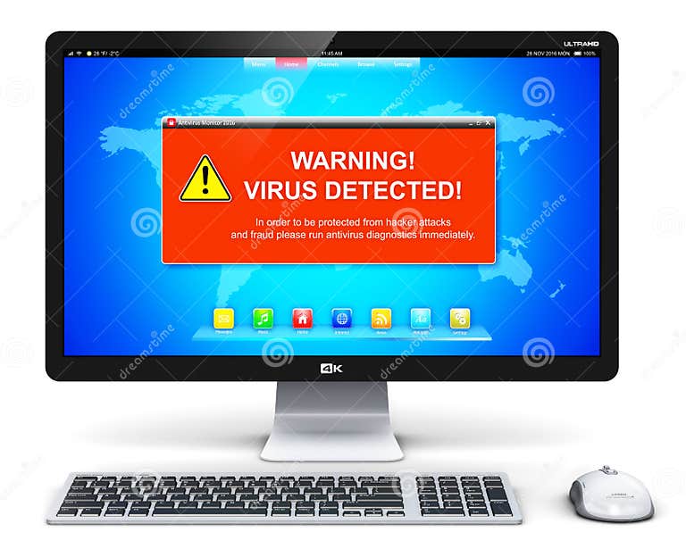 Desktop Computer PC with Virus Attack Warning Message on Screen Stock ...