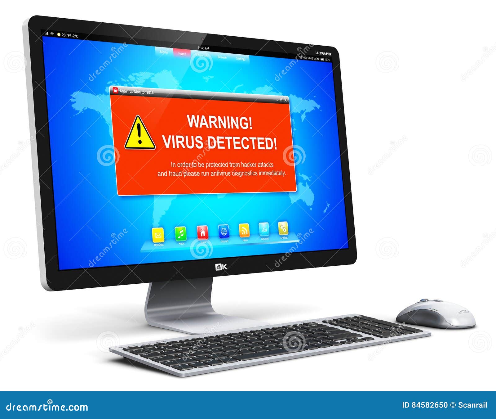 Desktop Computer PC with Virus Attack Warning Message on Screen Stock ...