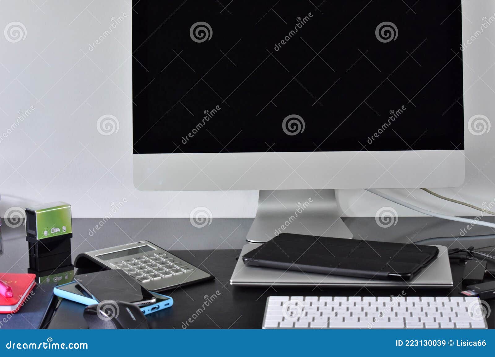 Desktop with Computer and Radio Stock Image - Image of interior ...
