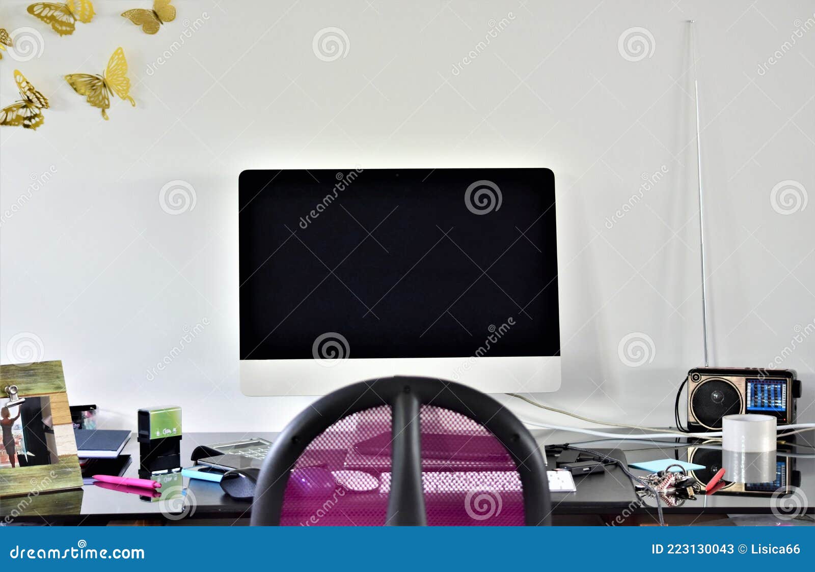 Desktop with Computer and Radio Stock Image - Image of black, colored ...