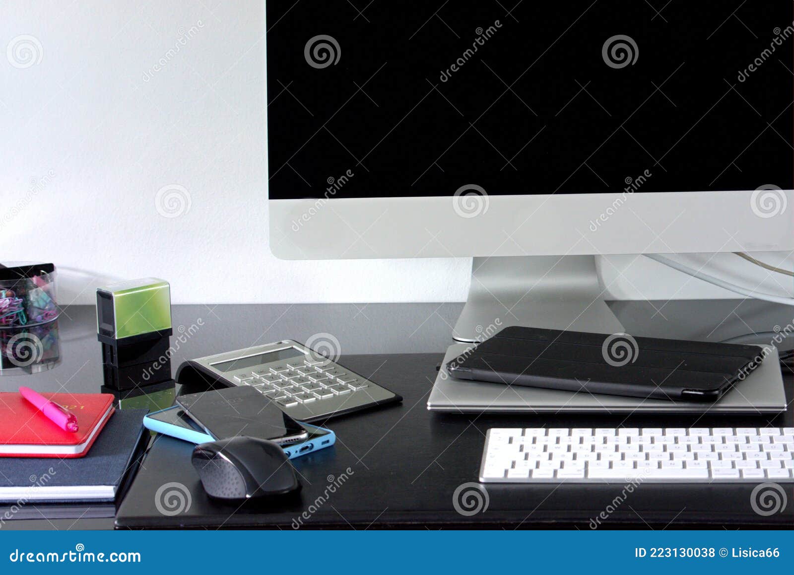 Desktop with Computer and Radio Stock Photo - Image of communication ...