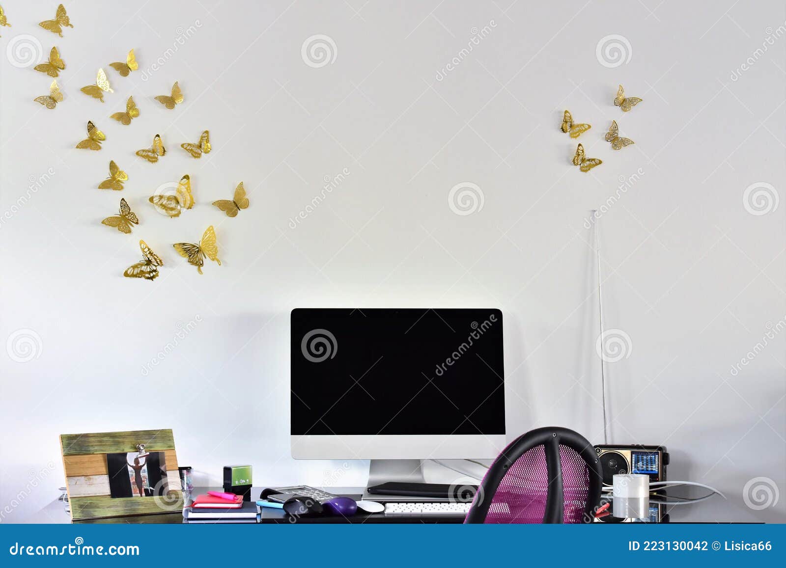 Desktop with Computer and Radio Stock Photo - Image of interior ...