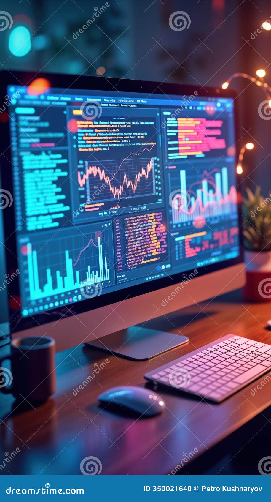 Desktop Computer Screen Shows Vibrant Coding Data, Stock Charts. Modern ...