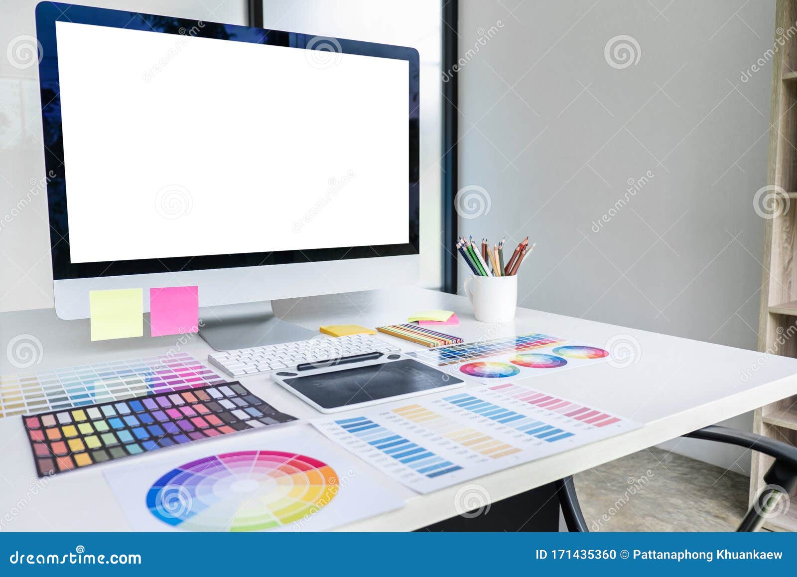 Desktop Computer Screen on White Desk, Graphic Designer and Color ...