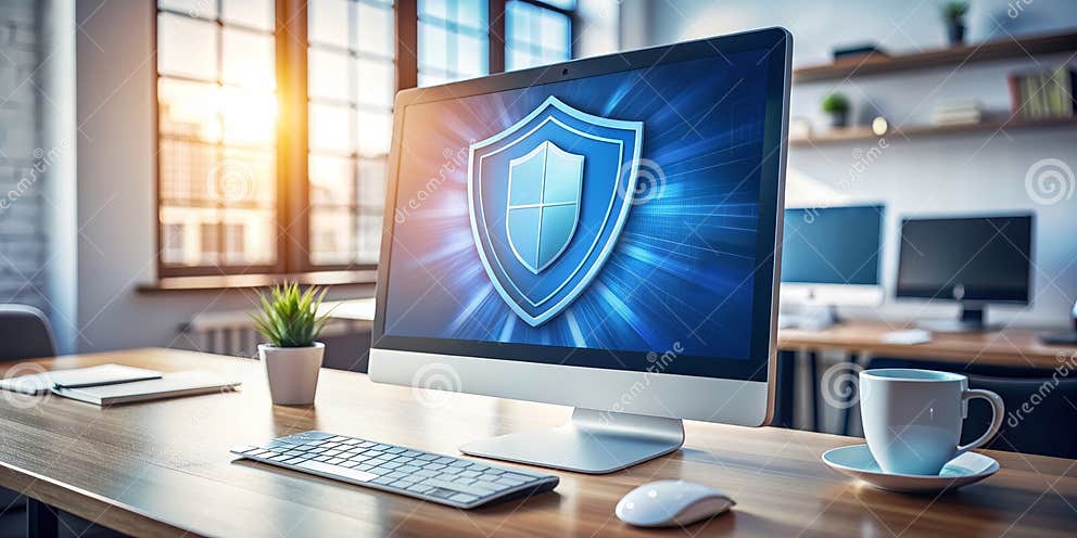 Desktop Computer with Shield Icon, Office, Digital Security, Technology ...