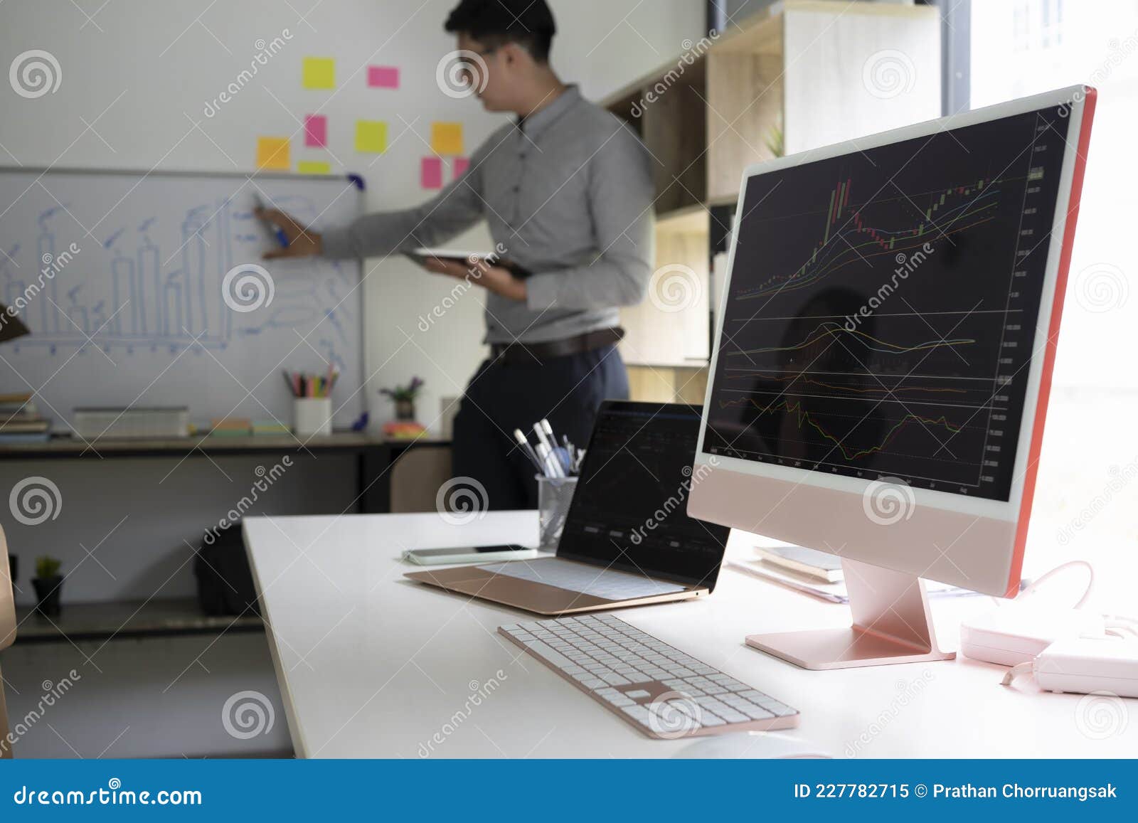 Desktop Computer Shows Company Growth Data with Graphs in Office. Stock ...