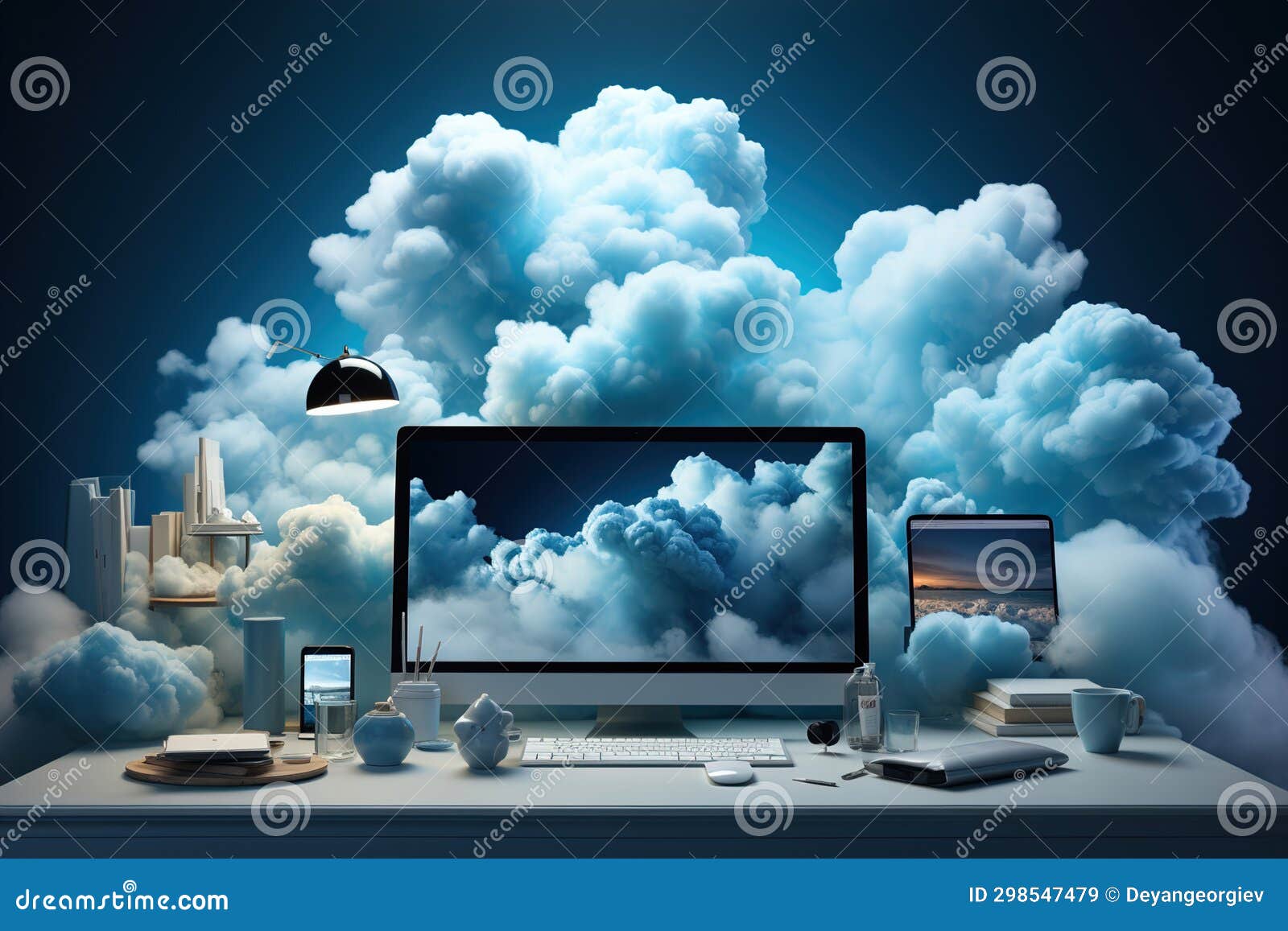 A Desktop Computer Sitting on Top of a Desk, Many Devices. Clouds ...