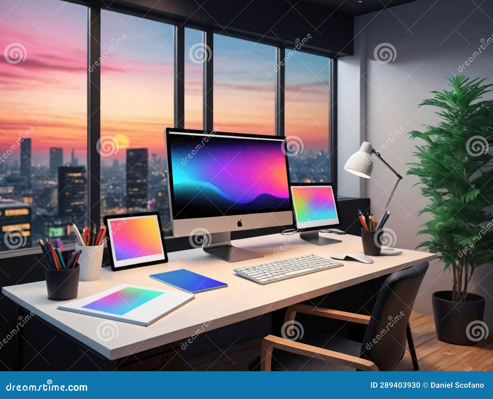 A Desktop Computer Sitting on Top of a White Desk. Generative AI Stock ...