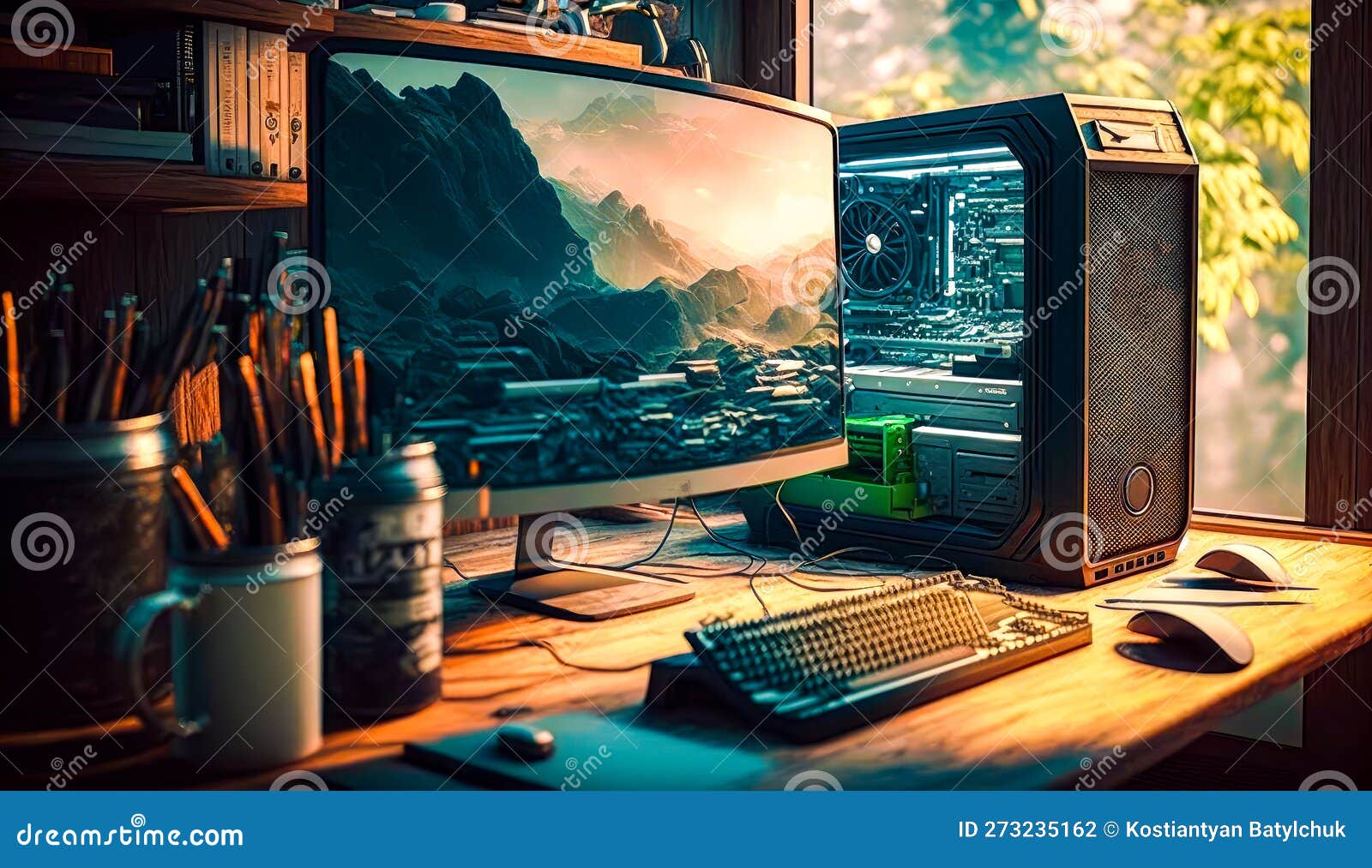 Desktop Computer Sitting on Top of Wooden Desk. Generative AI Stock ...