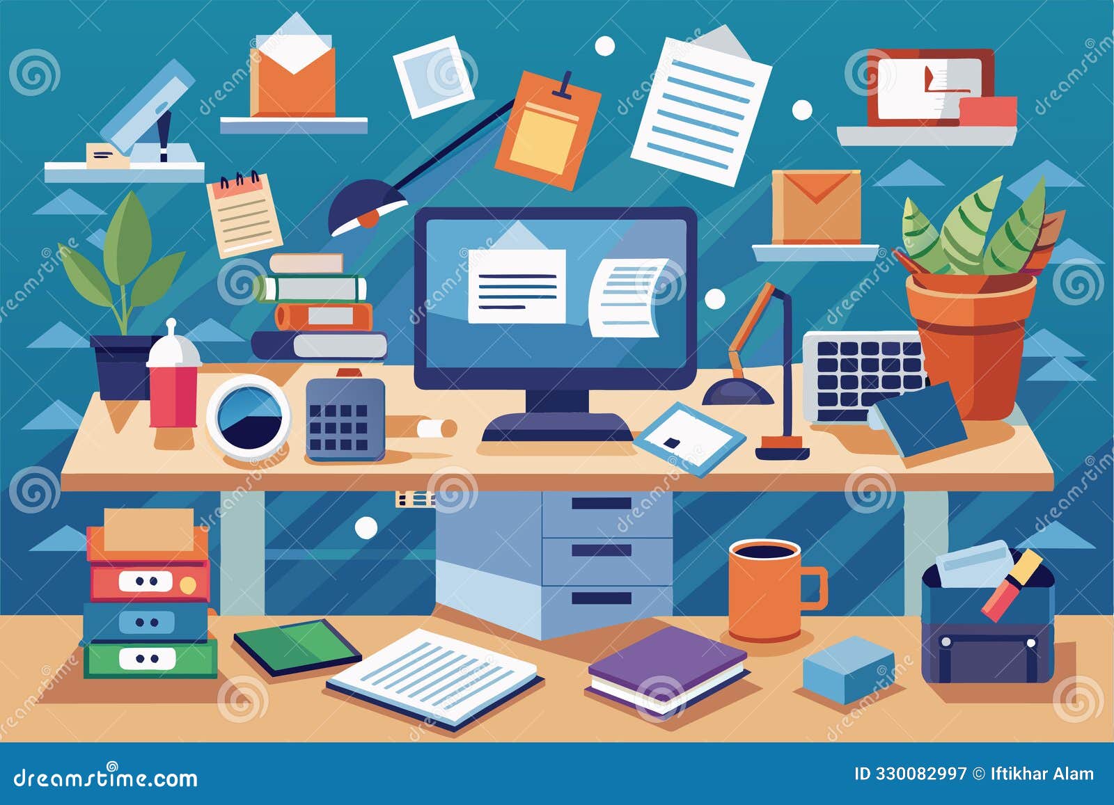 A Desktop Computer is Surrounded by Various Office Supplies, Books, and ...