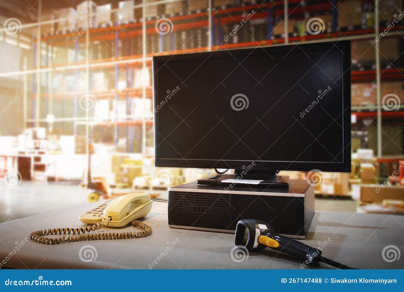 Desktop Computer on Table in Distribution Warehouse Space. Warehouse ...