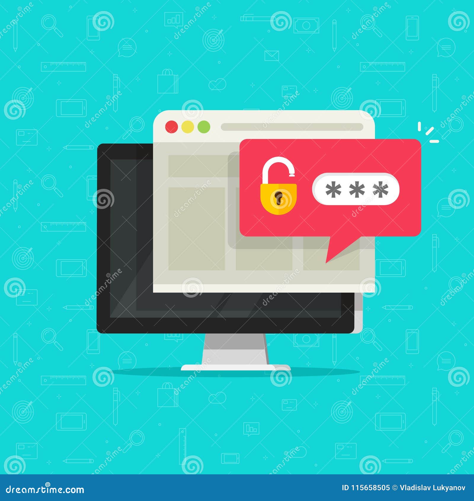 Desktop Computer with Unlocked Password Bubble Notification, Flat ...