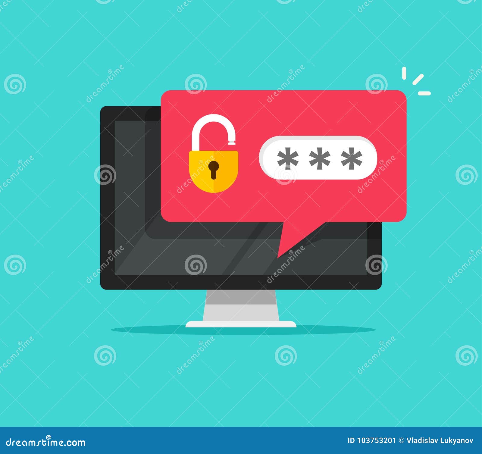 Desktop Computer with Unlocked Password Bubble Notification, Flat ...
