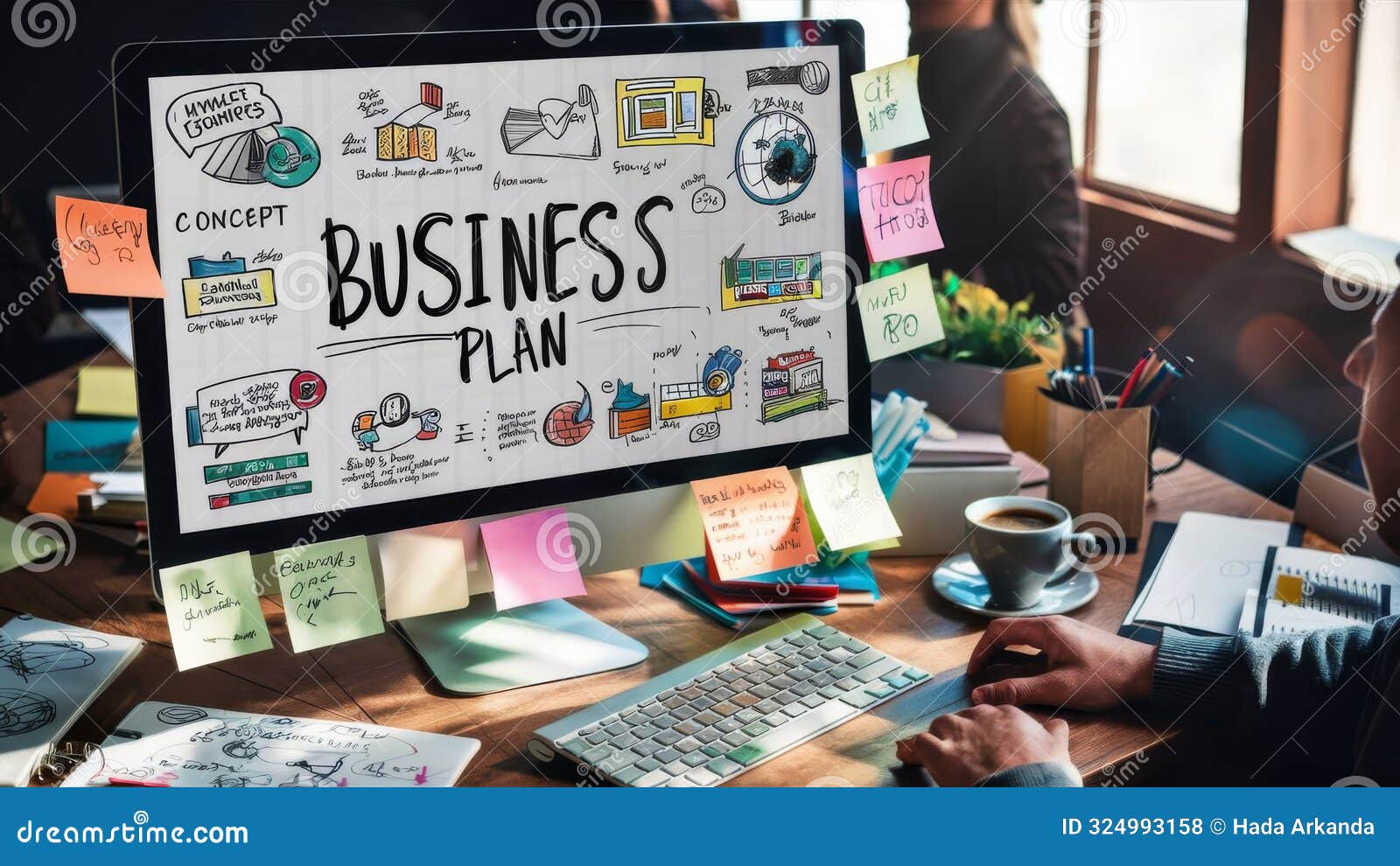 A Desktop Computer with a Visual Business Plan Stock Illustration ...