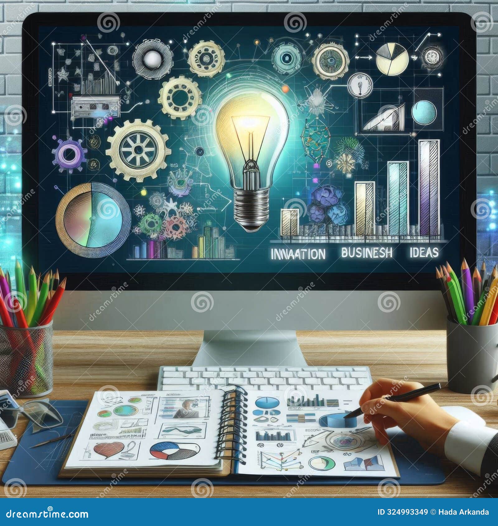 A Desktop Computer with a Visual Business Plan Stock Illustration ...