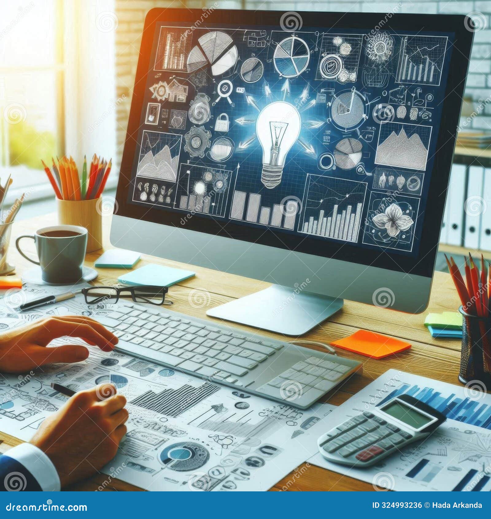 A Desktop Computer with a Visual Business Plan Stock Illustration ...