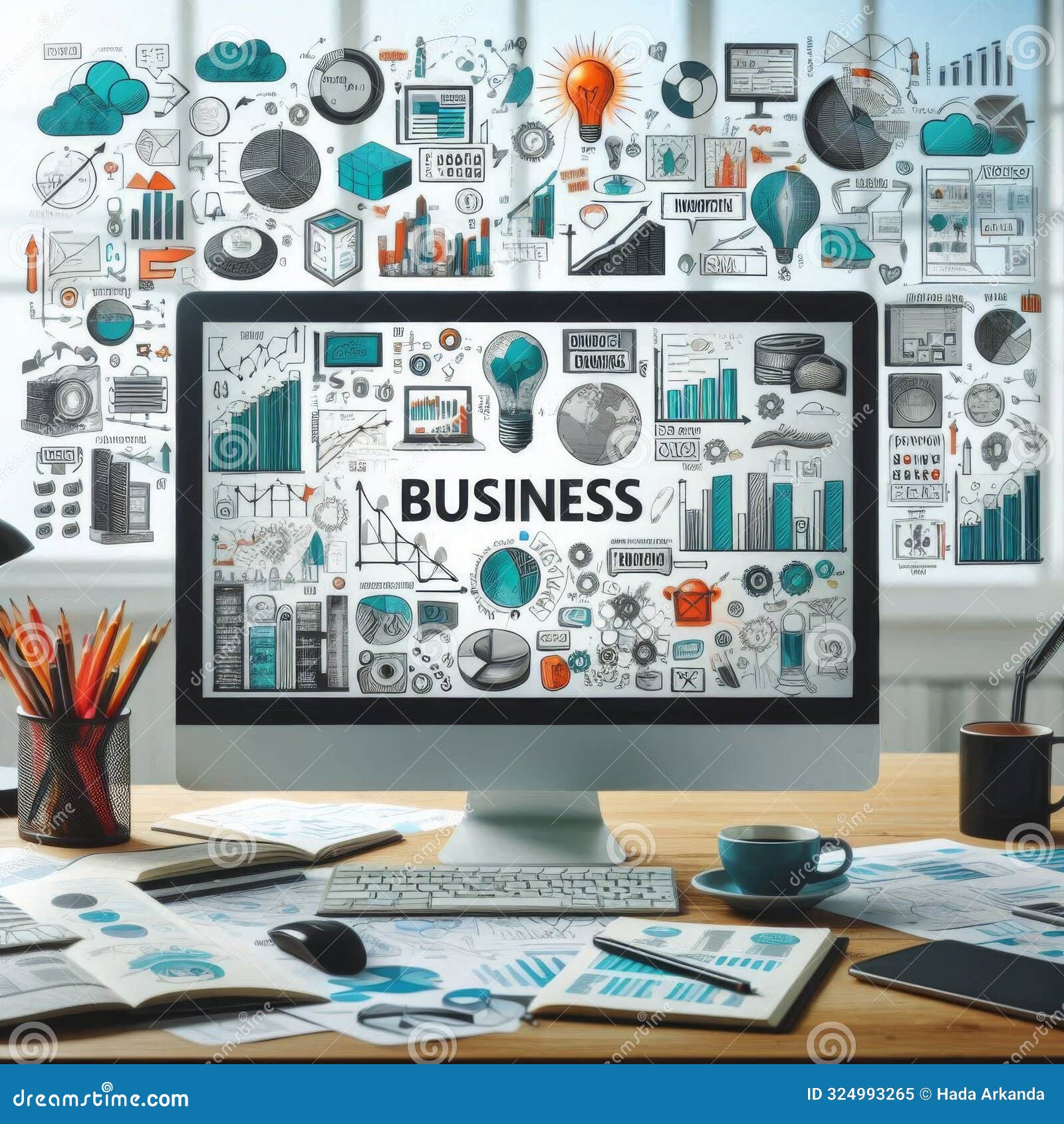 A Desktop Computer with a Visual Business Plan Stock Illustration ...
