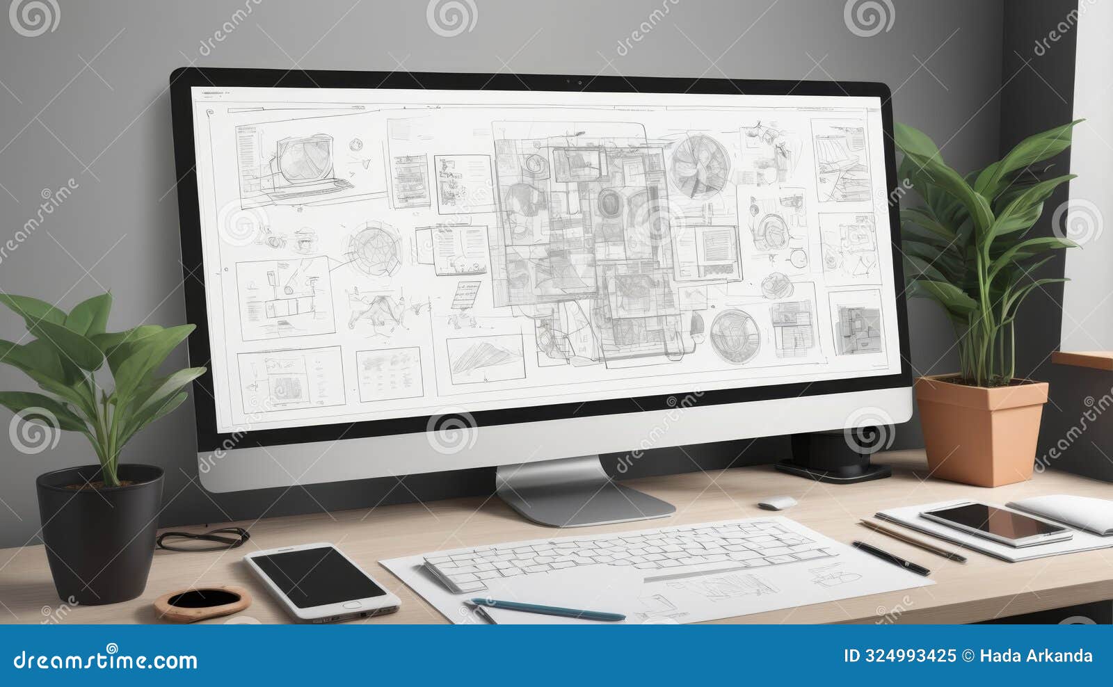 A Desktop Computer with a Visual Business Plan Stock Illustration ...