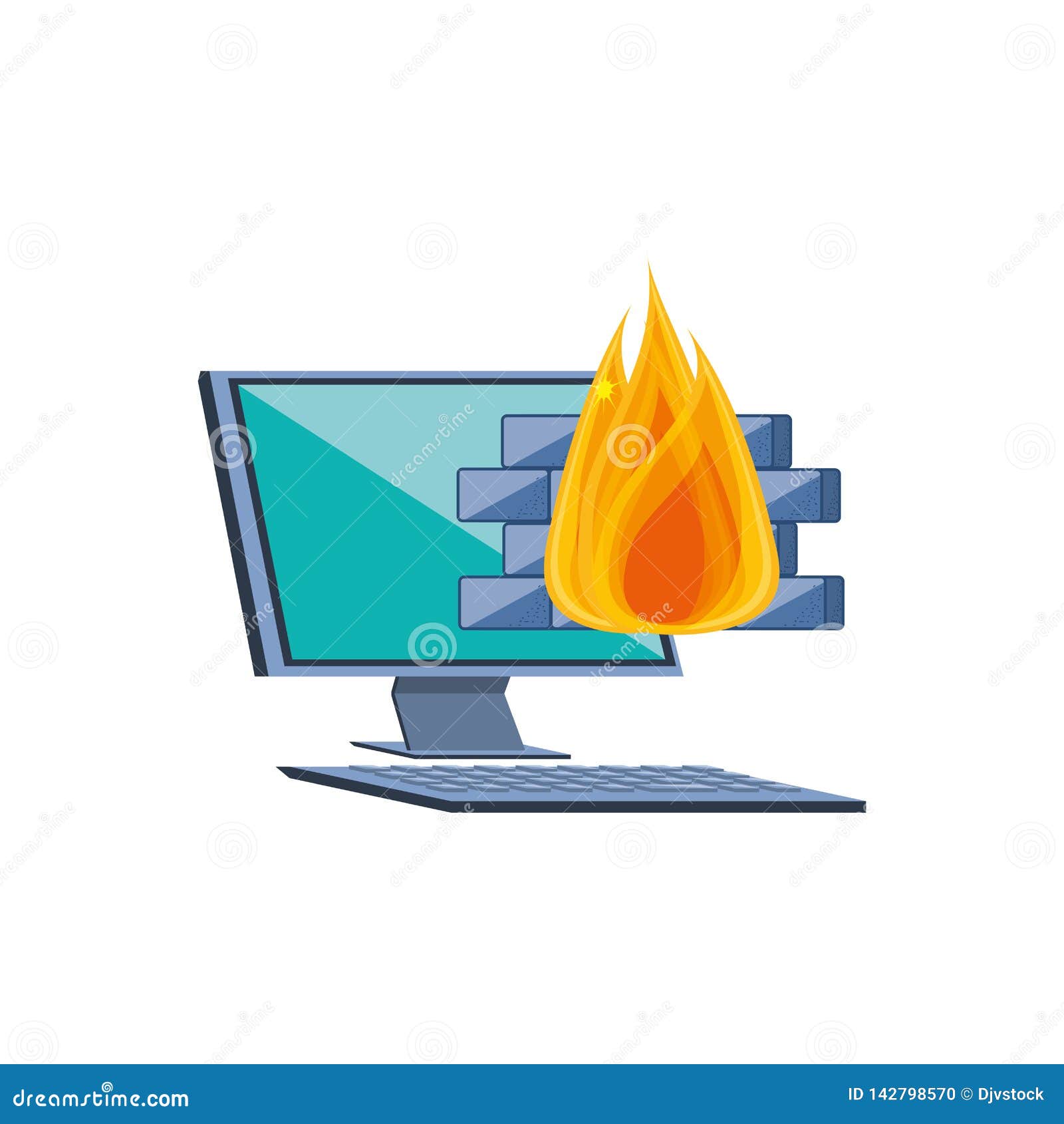 Desktop Computer with Wall and Fire Stock Vector - Illustration of ...